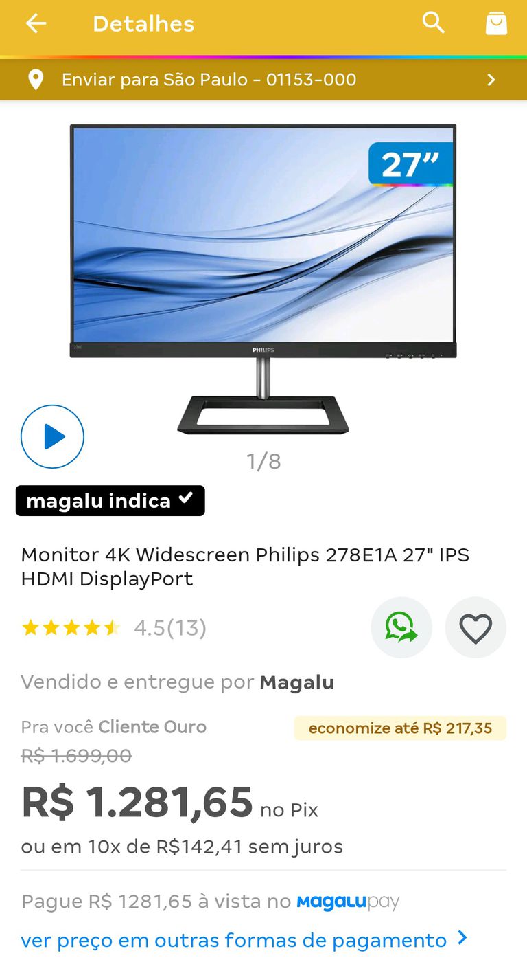 Monitor 4K Widescreen Philips 278E1A 27" IPS HDMI DisplayPort | APP ...