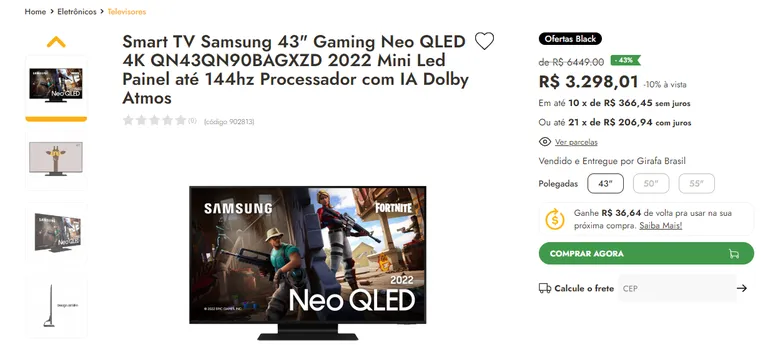 Smart TV Samsung 43" Gaming Neo QLED 4K QN43QN90BAGXZD 2022 Mini Led Painel até 144hz ...