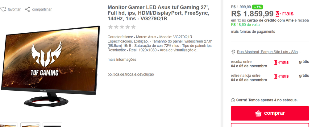 Monitor Gamer LED Asus tuf Gaming 27', Full hd, ips, HDMI/DisplayPort ...