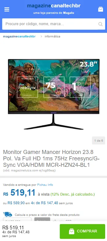 Monitor Gamer Mancer Horizon 23.8 Pol. Va Full HD 75Hz 1ms Freesync/G ...