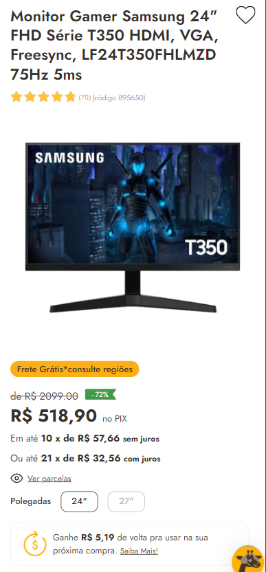 Monitor Samsung 24" FHD Série T350 HDMI, VGA, Freesync, LF24T350FHLMZD ...
