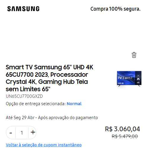 Smart TV Samsung 65" UHD 4K 65CU7700 2023 | CUPOM - Canaltech Ofertas