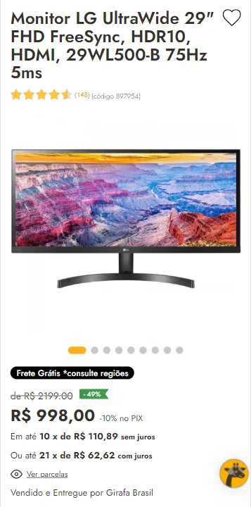 Monitor LG UltraWide 29" FHD FreeSync, HDR10, HDMI, 5ms 29WL500-B 75Hz ...