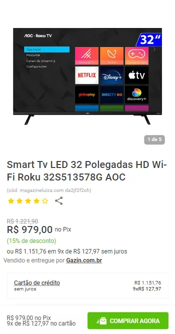 Smart Tv LED 32 Polegadas HD Wi-Fi Roku 32S513578G AOC - Canaltech Ofertas