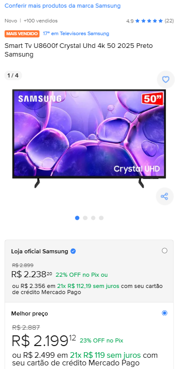 Smart TV Samsung 50" U8600F Crystal UHD 4K 2025 | CUPOM + PIX ...