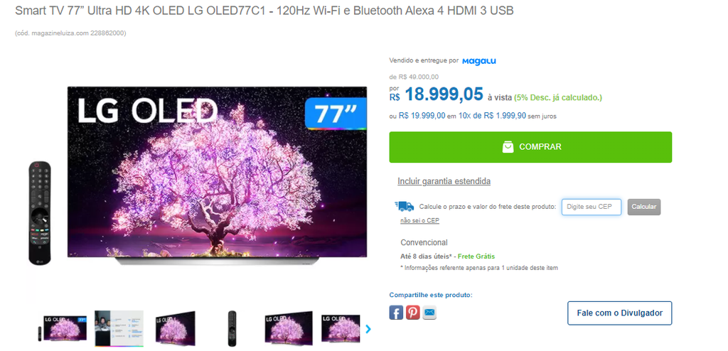 Smart TV 77” Ultra HD 4K OLED LG OLED77C1 - 120Hz Wi-Fi e Bluetooth ...