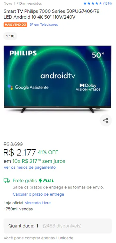 [PARCELADO] Smart TV Philips 7000 Series 50PUG7406/78 LED Android 10 4K ...