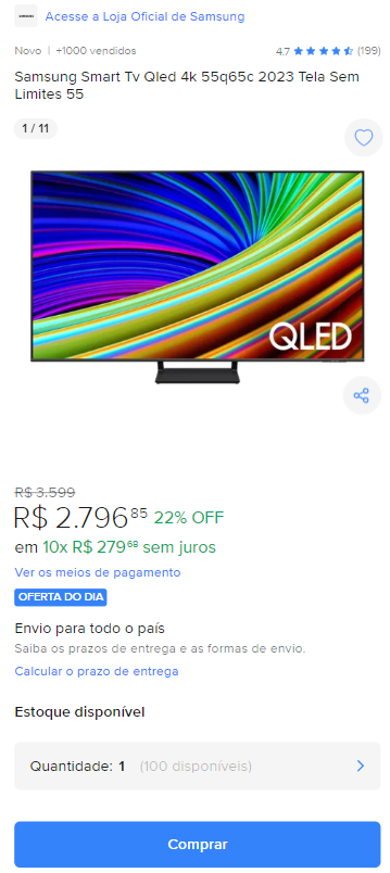 Samsung Smart TV 55" QLED 4K 55Q65C 2023 | CUPOM - Canaltech Ofertas