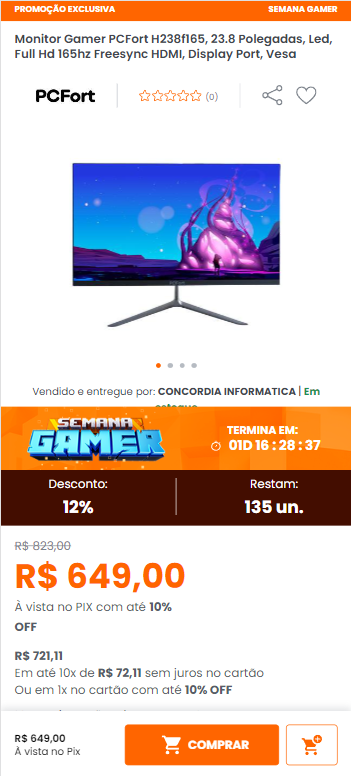 Monitor Gamer PCFort H238f165, 23.8 Polegadas, Led, Full Hd 165hz ...