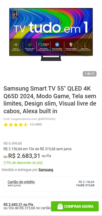 Samsung Smart TV 55" QLED 4K Q65D 2024, Modo Game, Design slim, Alexa ...