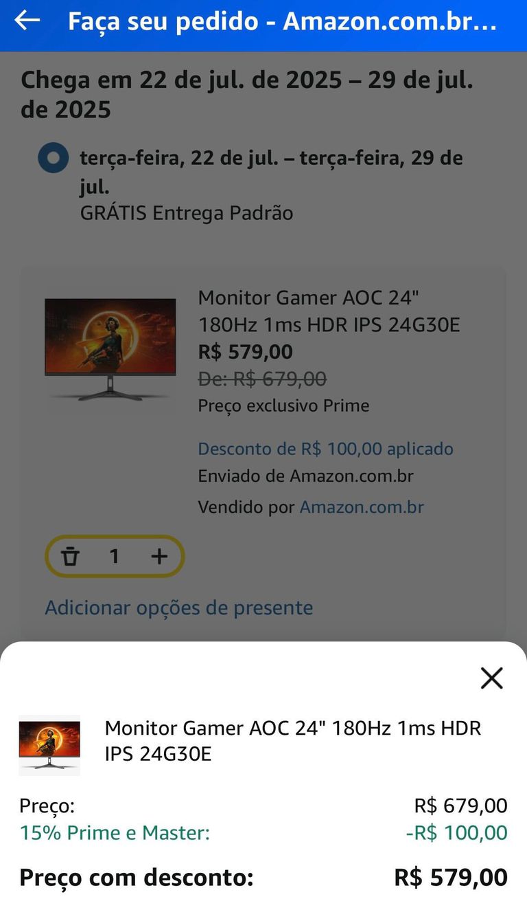Monitor Gamer AOC 24" 180Hz 1ms HDR IPS 24G30E | CUPOM + CARTÃO ...