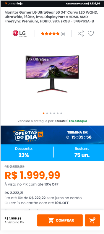 Monitor Gamer LG Ultragear LG 34" Curvo LED WQHD, UltraWide, 160Hz, 1ms ...