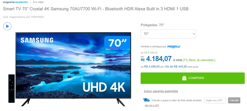 Smart TV 70” Crystal 4K Samsung 70AU7700 Wi-Fi - Bluetooth HDR Alexa ...