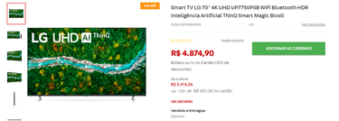 Smart TV LG 70'' 4K UHD UP7750PSB WiFi Bluetooth HDR Inteligência ...