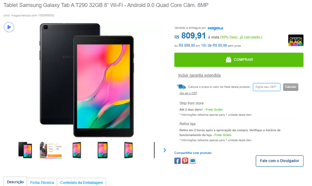 Tablet Samsung Galaxy Tab A T290 32GB 8” Wi-Fi - Android 9.0 Quad Core ...