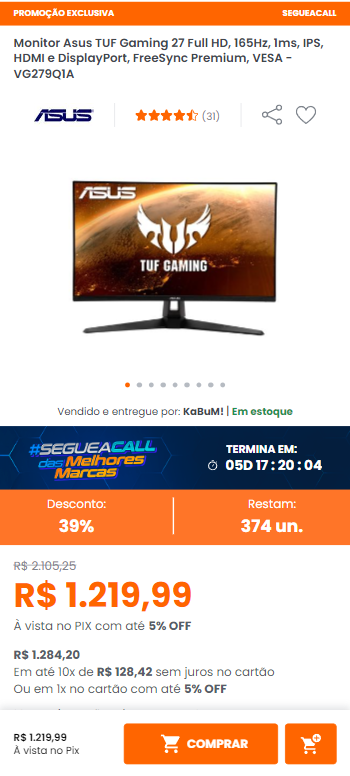 Monitor Asus TUF Gaming 27 Full HD, 165Hz, 1ms, IPS, HDMI e DisplayPort ...