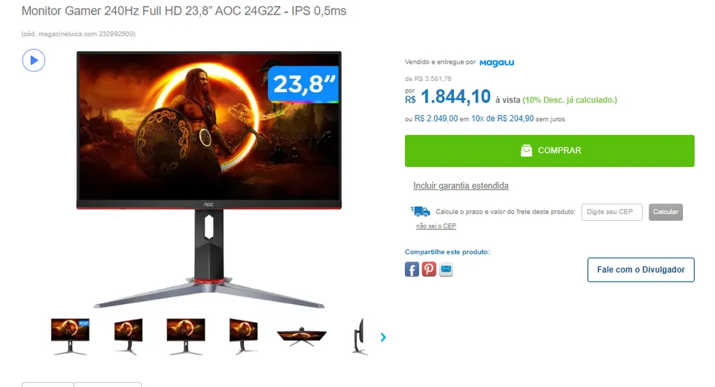Monitor Gamer 240Hz Full HD 23,8” AOC 24G2Z - IPS 0,5ms 110331 ...