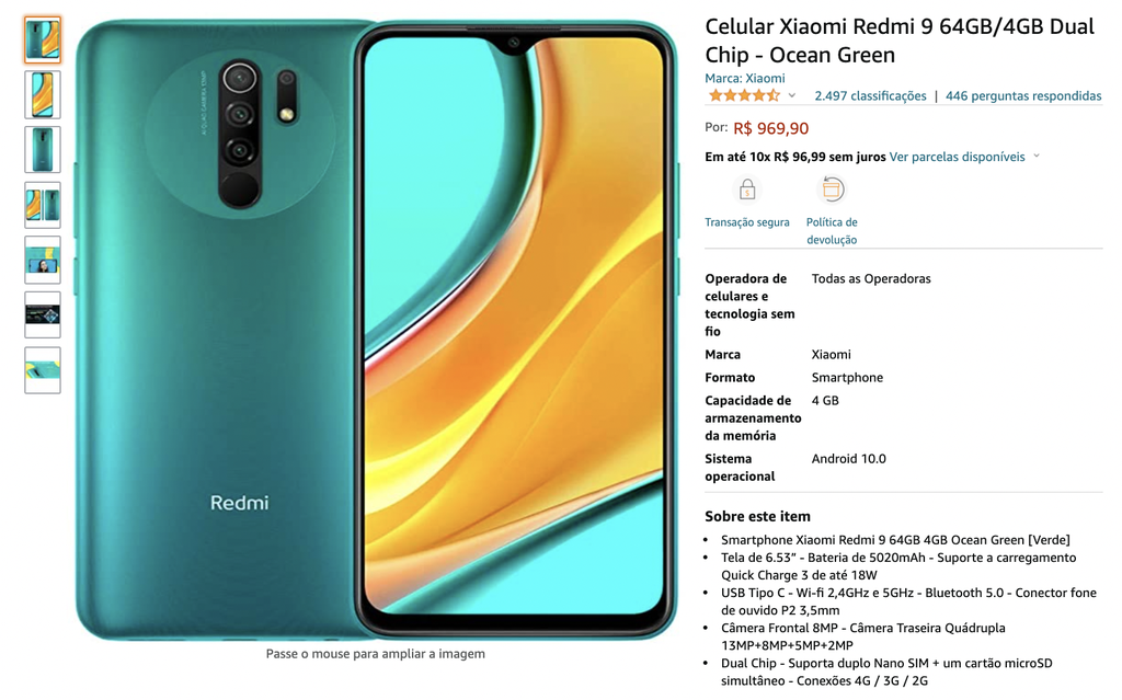 Celular Xiaomi Redmi 9 64GB/4GB Dual Chip - Ocean Green - Canaltech Ofertas