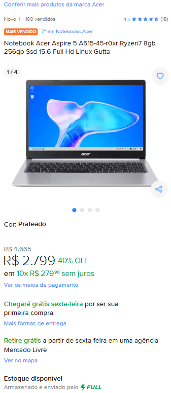 PARCELADO | Notebook Acer Aspire 5, Ryzen 7-5700U, 8 GB RAM, 256 GB SSD ...