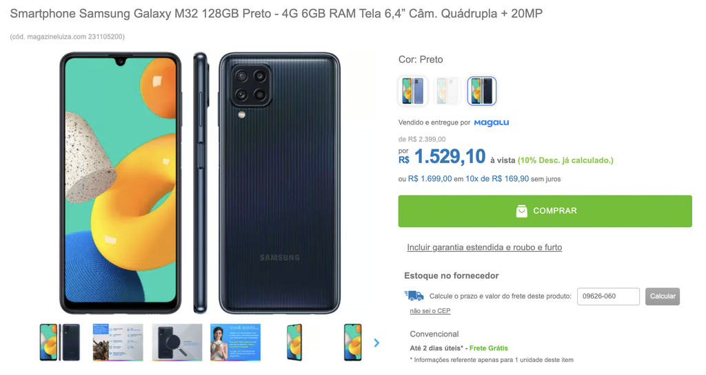 Smartphone Samsung Galaxy M32 128GB Preto - 4G 6GB RAM Tela 6,4” Câm. Quádrupla + 20MP ...
