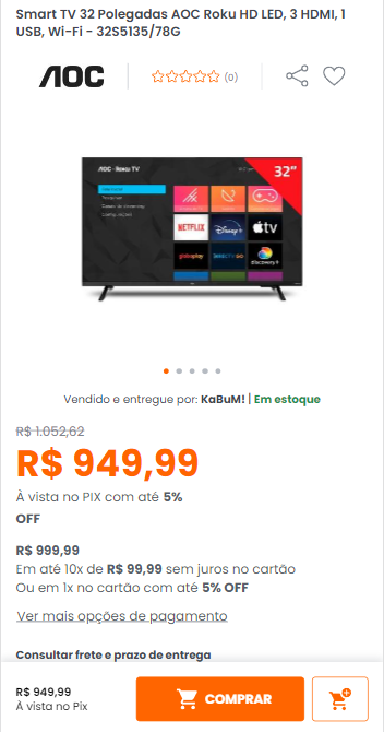 Smart TV 32 Polegadas AOC Roku HD LED, 3 HDMI, 1 USB, Wi-Fi - 32S5135 ...