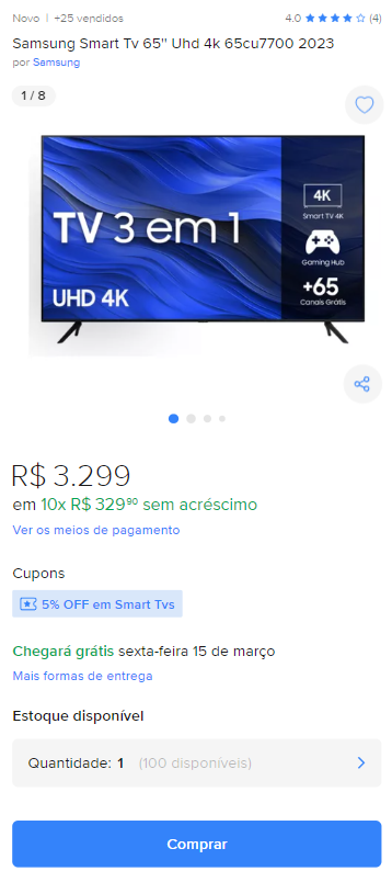 PARCELADO | Samsung Smart TV 65'' UHD 4K 65CU7700 2023 | CUPOM NO ...