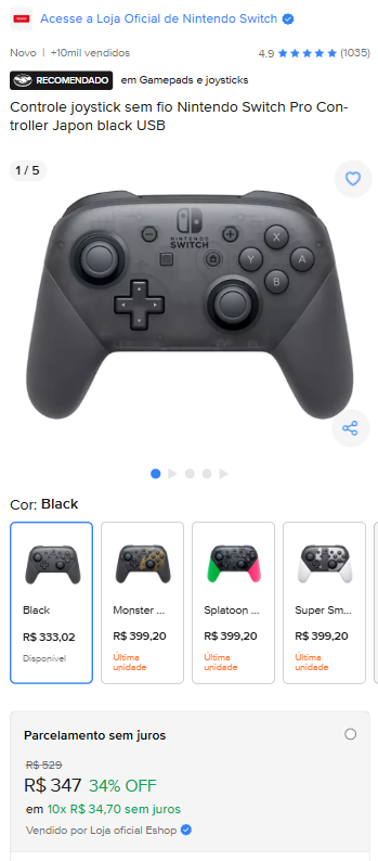 Controle Joystick Sem Fio Nintendo Switch Pro Controller USB | CUPOM - Canaltech Ofertas