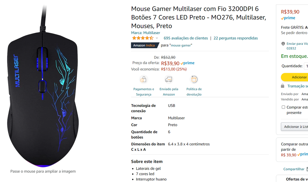 Mouse Gamer Multilaser com Fio 3200DPI 6 Botões 7 Cores LED Preto - MO276, Multilaser, Mouses ...