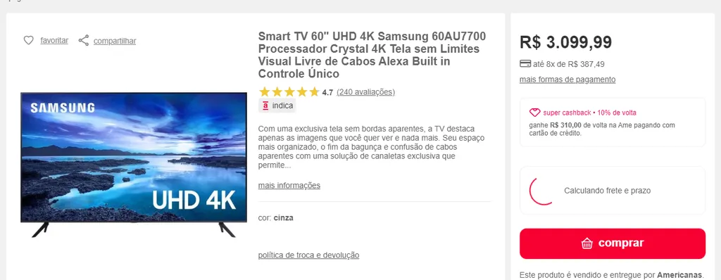 Smart TV 60" UHD 4K Samsung 60AU7700 Processador Crystal 4K Tela sem ...