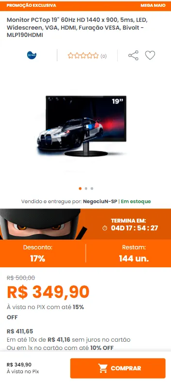 Monitor PCTop 19" 60Hz HD 1440 x 900, 5ms, LED, Widescreen, VGA, HDMI ...